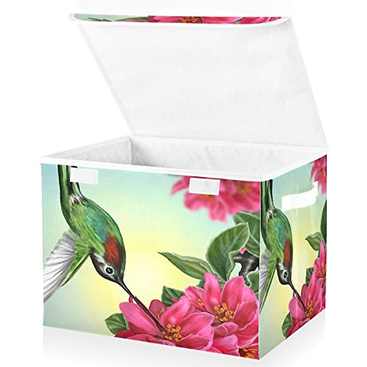WELLDAY Green Hummingbird Flower Storage Baskets Foldable Cube Storage Bin with Lids and Handle, 16.5x12.6x11.8 In Storage Boxes for Toys, Shelves, Closet, Bedroom, Nursery