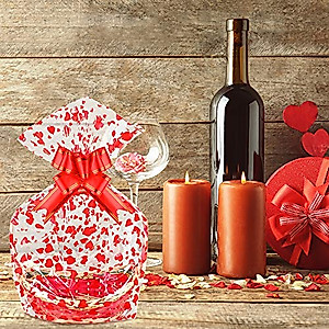 MIAHART 20 Pieces Mother's Day Valentine Large Basket Bags with 20 Pieces Bows Ribbon 23 x 35 Inches Cellophane Bags Heart Printed Cellophane Wrap for Baskets, Weddings, Bridal or Baby Showers