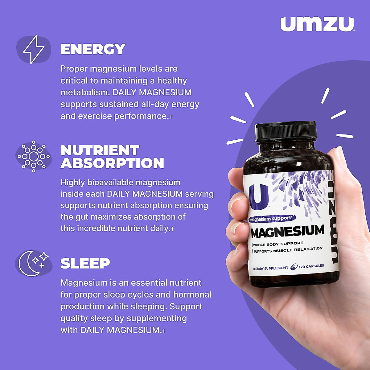 UMZU Daily Magnesium | Potent Bioavailable Magnesium Complex for Healthy Metabolism, Sustained Energy, Exercise Performance & Sleep Support (30 Day Supply | 120 Capsules)