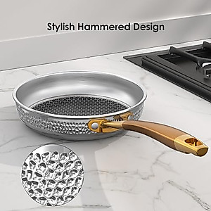 Homaz life 8-Inch Frying Pan, Tri-Ply Stainless Steel Cookware, Induction Ready, Compatible with All Cooktops, Dishwasher Safe, Non-Toxic, Gold-Colored Stay-Cool Handle