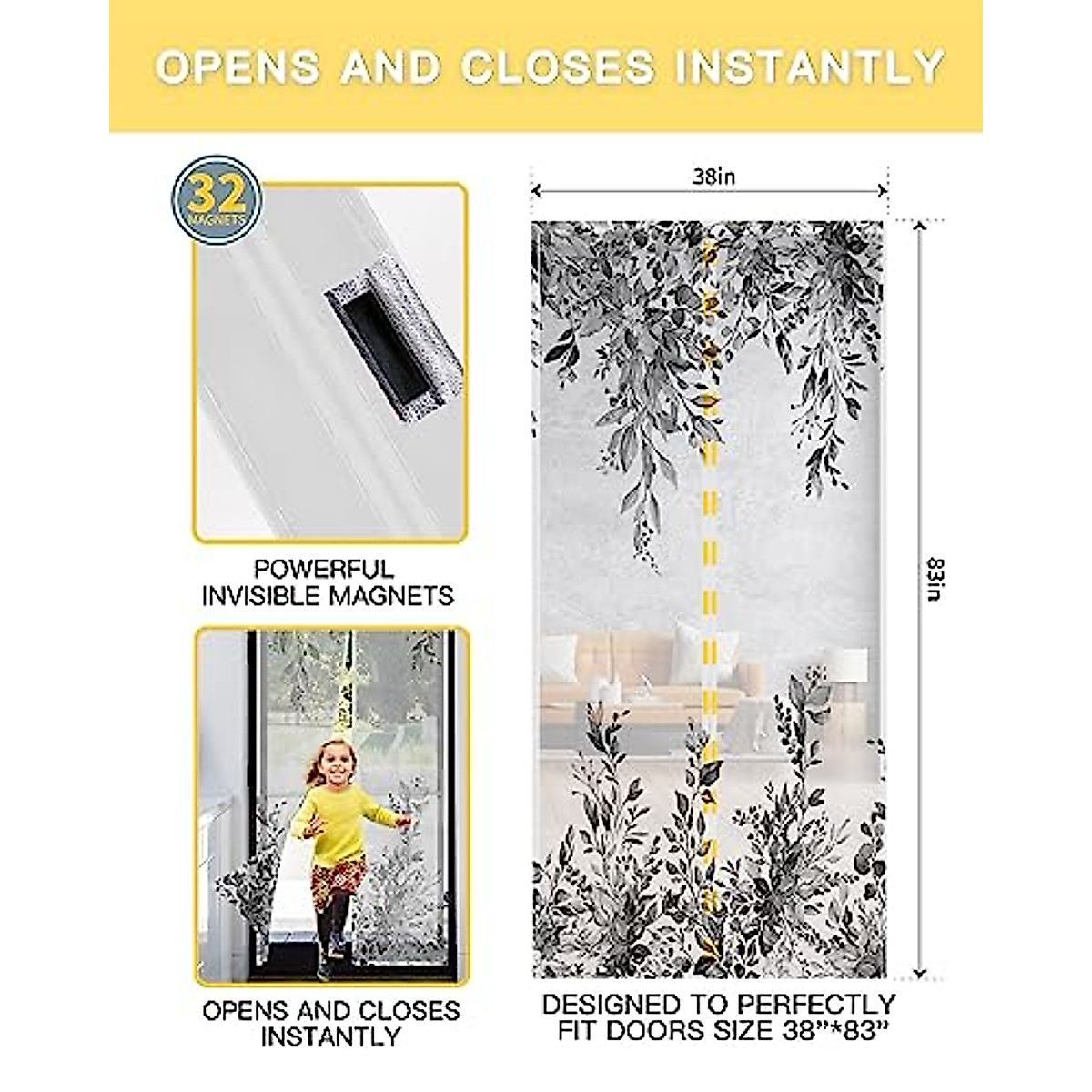 ZOE GARDEN Grey Eucalyptus Magnetic Screen Door for Sliding/Single/French Doors, Self Sealing Magnets Patio Door Screen Heavy Duty Mesh Curtain, Fall Leaves Country Rustic Chic Flower