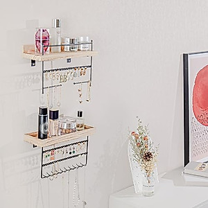 Lolalet Hanging Jewelry Organizer Wall Mount Jewelry Organizer with Earrings Holder Bracelets Holder Necklaces Hooks, Easy Install Free Combination Jewelry Holder for Wall Bathroom -Set of 2, Black