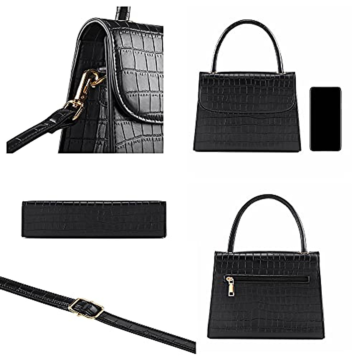 Ayliss Women Small Crocodile Tote Clutch Shoulder Handbag Classic Troc Purse Wallet Bag Top Handle Handbag PU Leather Zipper (Black #1)