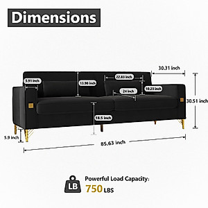 85.63'' Mid-Century Modern Black Velvet Sofa Couch with Metal Gold Legs, 3 Seater Tufted Loveseat Couches with 2 Lumbar Pillows for Living Room and Apartment