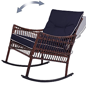 DECMICO Outdoor Rocking Chairs 3 Pieces Patio Conversation Front Porch Furniture, Wicker Rocking Chairs Bistro Set with Coffee Table for Garden and Balcony (Brown Rattan Royal Blue Cushion)