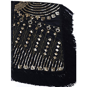 Anna-Kaci Womens Oversized Gatsby Hand Beaded Fringed Sequin Evening Shawl Wrap, Black+Gold, Onesize