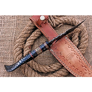 HUNTEX Unique Custom Handmade Hand Forged Ladder Pattern Damascus Steel 12.5 Inch Long Full Tang Buffalo Horn Handle Razor Sharp Hunting Camping Hunter's Gut Hook Knife with Genuine Leather Sheath