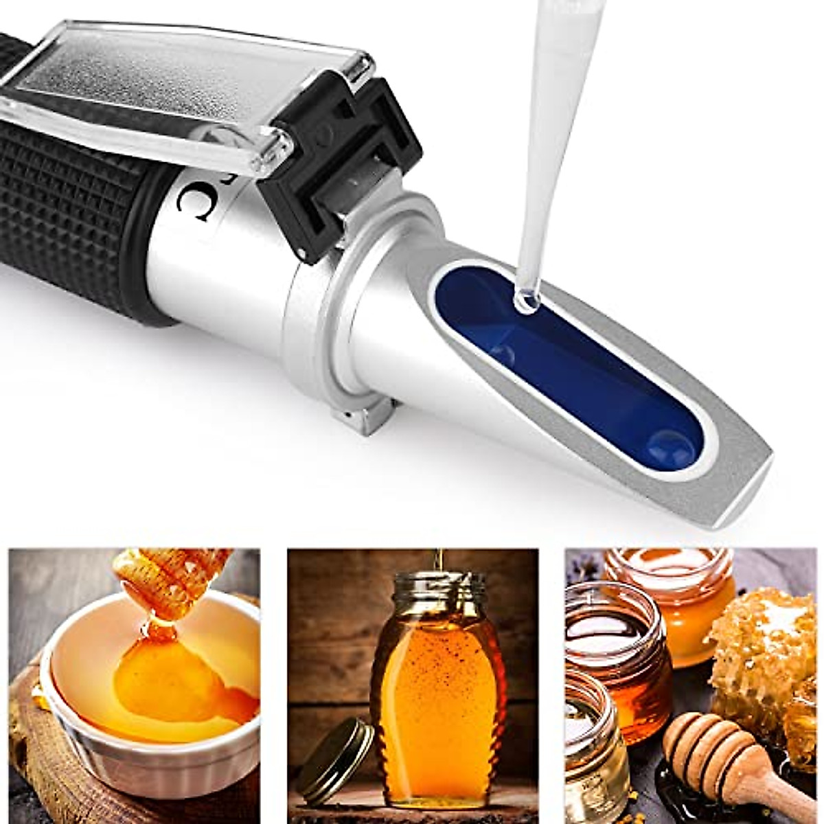 XinJiaYi Brix Meter Honey Refractometer, Triple Scale Honey Tester Tool (Water Content: 12-27%, Brix: 58-92%, Be': 38-43), Handheld Brix Refractometer for Honey, Maple Syrup, & Bee Keeping