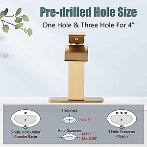 Aolemi Bathroom Faucet Single Handle 1 Hole Deck Mount Lavatory Vanity RV Sink Mixer Basin Tap with Cover Plate and Pop Up Drain Assembly, Brushed Gold, Waterfall Spout