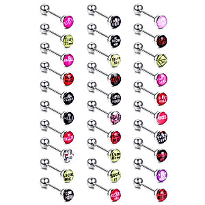 Drperfect 30pcs Fancy Words Pictures Logo Stainless Steel Straight Barbells Tongue Rings Bars Piercing Jewelry
