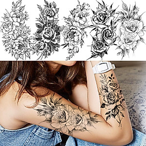 VANTATY 63 Sheets Realistic Black Rose Peony Flower Temporary Tattoos for Women Adults Body Art Arm, Snake Fake Floral Sketch Sleeve Tattoo Sticker