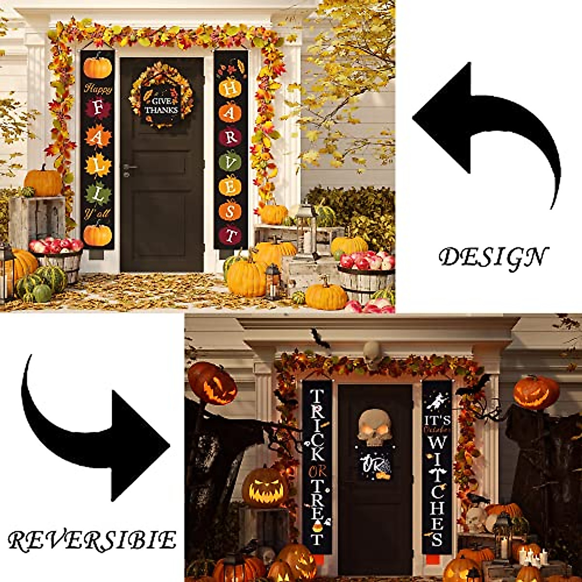 3 Pieces Thanksgiving Reversible Banner Happy Fall Harvest and Halloween Trick or Treat Witches Banner Thanksgiving Halloween Day Porch Sign Hanging Sign for Fall Decorations Outdoor (Black)