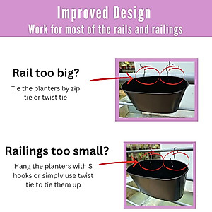 LaLaGreen Railings Outdoor - 2 Pack, 9.8 Inch Black Hanging Flower Pots, Fence Railings Bucket Countryside Modern Plant Holder with Detachable Hook Outdoor Wall Balcony Garden Patio Deck Porch Décor
