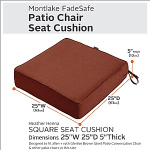 Classic Accessories Montlake Water-Resistant 25 x 25 x 5 Inch Square Outdoor Seat Cushion, Patio Furniture Chair Cushion, Heather Henna Red, Outdoor Cushion Cover