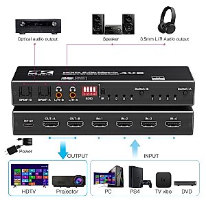 ZPTEK 4K HDMI Matrix Switch 4 X 2,4 in 2 Out Video Switcher Splitter, Optical and LR Audio Outputwith IR Remote Controller,Support 4K@60Hz 3D 18.5Gbps x 3 Data Rate, HDMI 2.0b, HDCP 2.2, MH42-C1