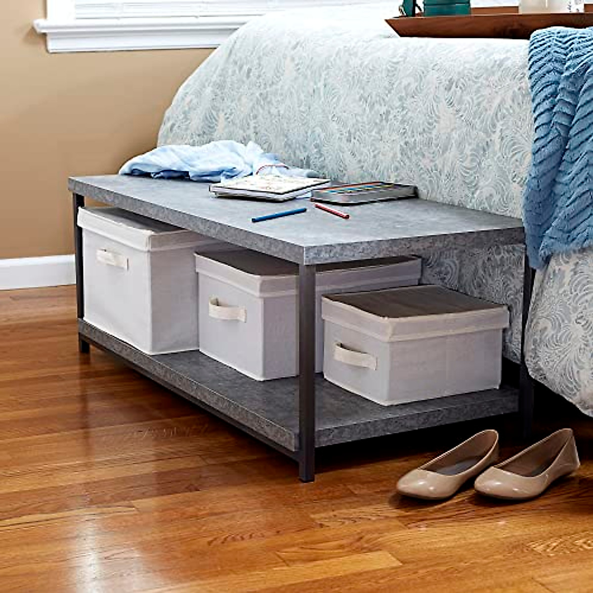Household Essentials Jamestown Rectangular Coffee Table with Storage Shelf Rustic Slate Concrete and Black Metal