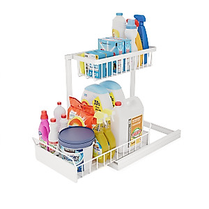 Beriflai Under Sink Organizers and Storage, 2 Tier Pull Out Cabinet Organizer with Sliding Drawer, Multi-Purpose Bathroom Shelf Organizer for Bathroom Kitchen Storage, White