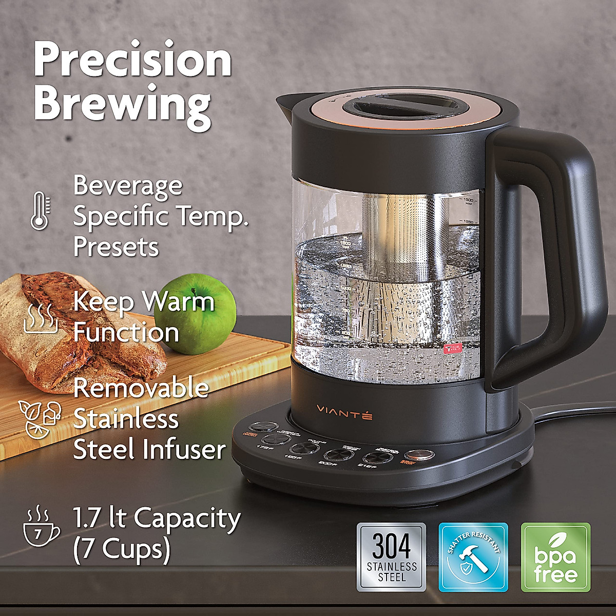 Vianté Luxury Tea Party Set. Complete with Automatic Tea Maker with Infuser for loose tea bags. Ceramic serving set. Tea pot/cup set and wooden tray. Excellent gift for tea lovers.