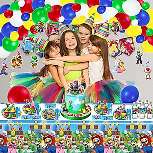 Mario Birthday Party Supplies, Mario Bros Party Decorations Include Banner, Hanging Swirls, Backdrop, Tableware, Cake Toppers, Bottle Labels, Chocolate Stickers