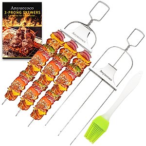 Anyuecoco Skewers for kabobs,2 PCS 14-Inch 3 Way Kabob Skewers for Grilling,Stainless Steel Skewer,With Push Bar Reusable Metal Skewer,Kabob Sticks,Perfect For Meat,Chicken,Sausages,Veggies,shrimp