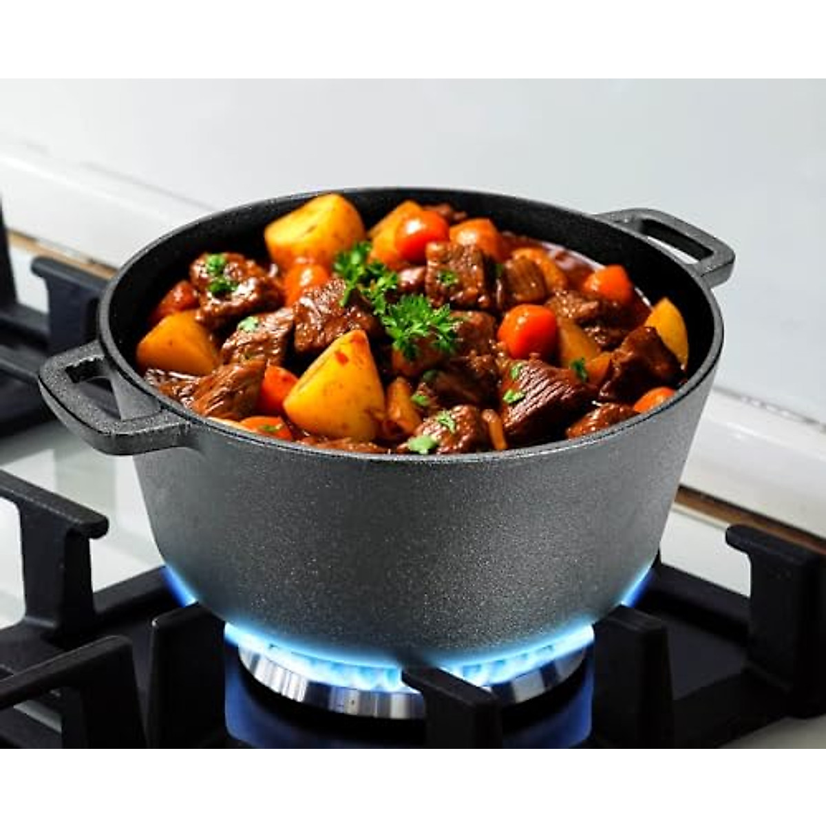 TLGREEN Cast Iron Dutch Oven Pot with Lid,Cast Iron Pot (5.1QT) and Cast Iron Lid as a Skillet(1.9QT) - Dutch Oven Cast Iron with Silicone Holders, Iron Stand, for Oven, Stove, Grill，Campfire