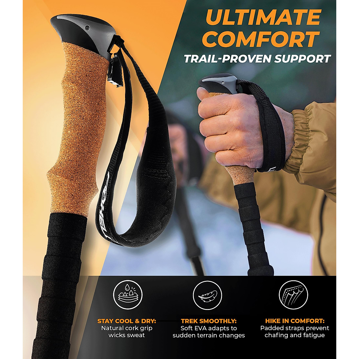 Foxelli Hiking Poles – Lightweight & Collapsible with Comfortable Cork Grips, Easily Adjustable for All Heights, Includes Carry Bag and Accessories