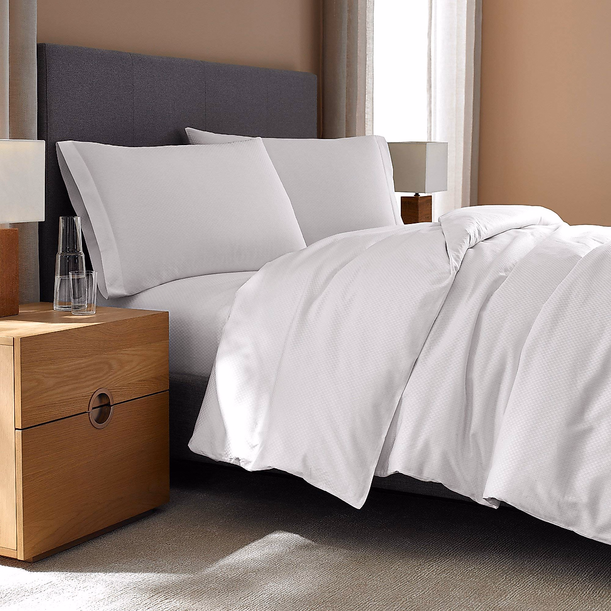 H by Frette Checkered Sateen Standard Bed Bundle (Queen) - Luxury All-White Bedding Bundle/Includes Pillowcases, Fitted Sheet, and Duvet Cover