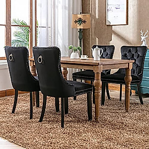 GEEVIVO Velvet Dining Chairs Set of 2, Upholstered Tufted Dining Room Chairs with Nailhead Button Back and Ring Pull Trim, Solid Wood Legs Side Dining Chairs for Dining Room/Kitchen/Restaurant, Black