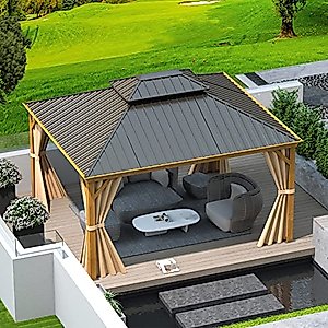 Domi 10'x12' Outdoor Hardtop Gazebo Permanent Canopy with Galvanized Steel Roof,Aluminum Frame,Curtains and Netting,for Patios,Backyard,Lawns(Wood Grain Coated)
