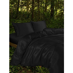 Linenwalas Tencel Lyocell Duvet Cover Set with Deep Pocket Fitted Sheet, Viscose Made from Eucalyptus Soft, Lightweight and Breathable Complete Halloween Black Bedding Set (Jet Black,California King)