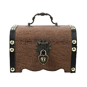 Homoyoyo Wooden Treasure Chest Box, Retro Handcrafted Treasure Organizer Coin Box Piggy Bank, Wooden Box with Lock, Storage Box for Jewelries Organizer