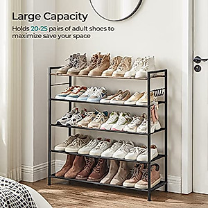 SONGMICS Shoe Rack Storage Organizer 5 Tier, Metal Shoe Rack Storage Shelf for Closet Entryway, Sturdy Large Shoe Stand for 20-25 Pairs with 4 Hooks, Adjustable Feet, 5 Fabric Shelves, Not Wooden Top