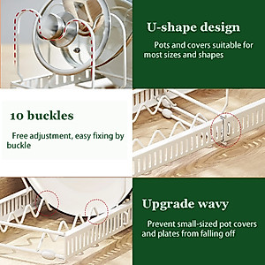 S SNUOY Pot and Pan Organizer Expandable Pan Lid Organizer Rack for Cabinet Pot Lid Holder Rack with 10 Adjustable Compartment for Pot Lids Cutting Boards,White