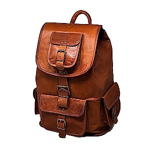 jaald 18" Brown Leather Backpack Vintage Rucksack Laptop Bag Water Resistant Casual Daypack College Bookbag Comfortable Lightweight Travel Hiking/Picnic for Men