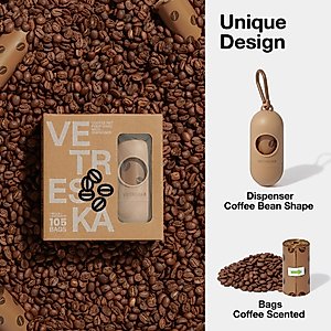 VETRESKA Dog Poop Bag Dispenser with Coffee Scented Waste Bags, Leak Proof, Extra Thick and Large Pet Poop Bags, 1 Count Bag Holder and 105 Count Bags (7 Refill Rolls) for Dogs and Cats