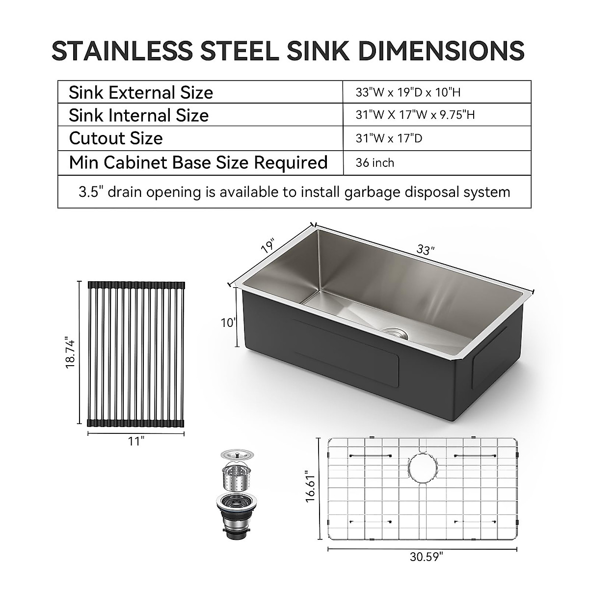 33 Undermount Kitchen Sink - Lordear 33x19x10 Inch Stainless Steel Single Bowl Kitchen Sinks Round Corner 16 Gauge Handmade Under Counter Kitchen Sinks Basin