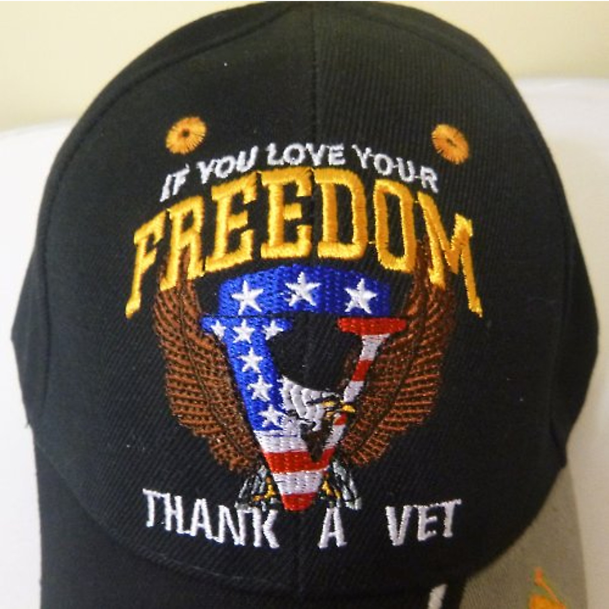 Patriotic Black Cap If you Love Your Freedom Thank Vet Bald Eagle American Flag, Multi, One Size