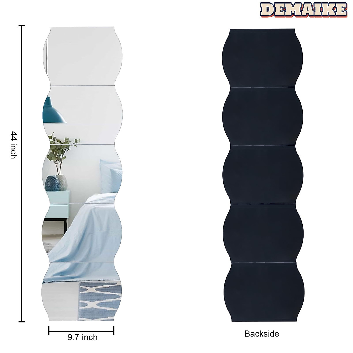 DEMAIKE Contemporary Wave Pattern Full-Length Body Mirror - Set of 5pcs, 9.7x8.6 inches, Self-Adhesive Irregular Wall Mirrors for Door, Living Room, Bedroom,