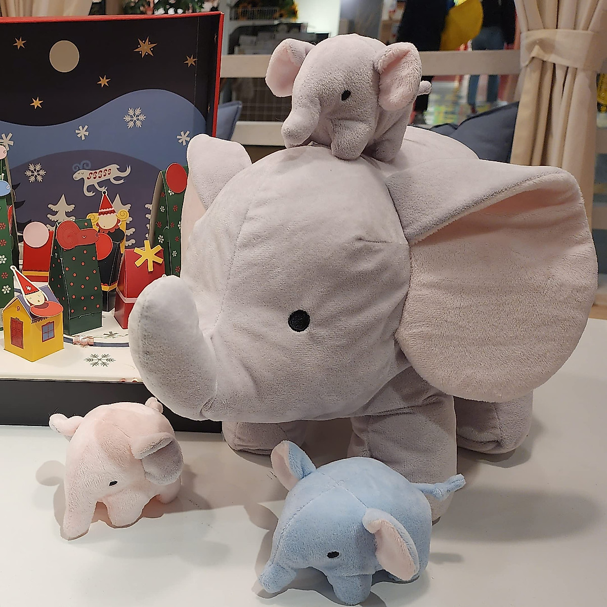 WEIGEDU Elephant Stuffed Animals for Girls Boys Birthday Playmate Gifts- 4 in 1 Plush Toy Mommy Elephant PlaySet with 3 Babies Doll Surprise Toys, 14 inches