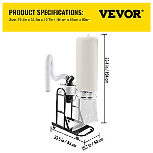VEVOR 1.5 HP Dust Collector, 647 CFM Portable Vortex Dust Collector, Woodworking Dust Collector with 13.2-Gallon Collection Bag and Mobile Base, 220V Dust Collection System 25-Micron Canister Kit