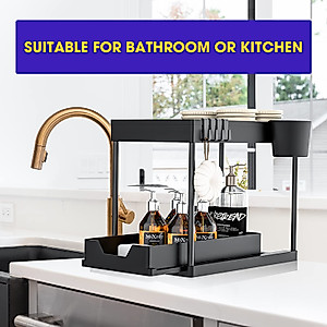 Ulimart 2Pcs Under Sink Organizers And Storage,Multi-Purpose 2-Tier Under Sliding Cabinet Basket Organizer With Hooks & Hanging Cup,Under Sink Storage For Bathroom Kitchen,Black