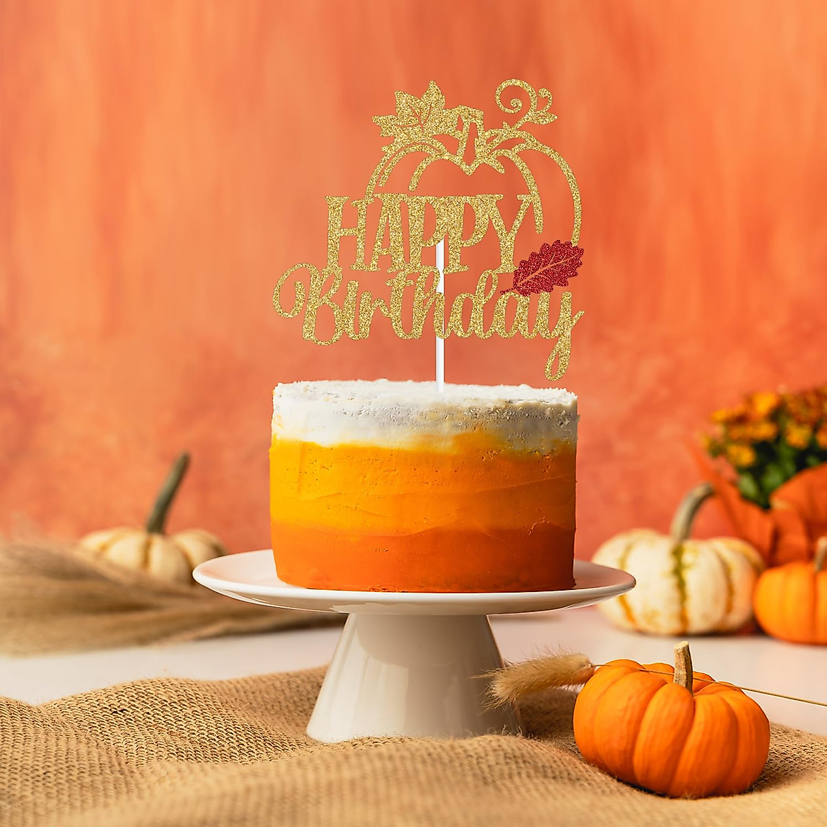 Gold Glitter Pumpkin Happy Birthday Cake Topper, Pumpkin Themed Birthday Party Decorations, Autumn Fall Maple Leaves Birthday Party Decorations Supplies