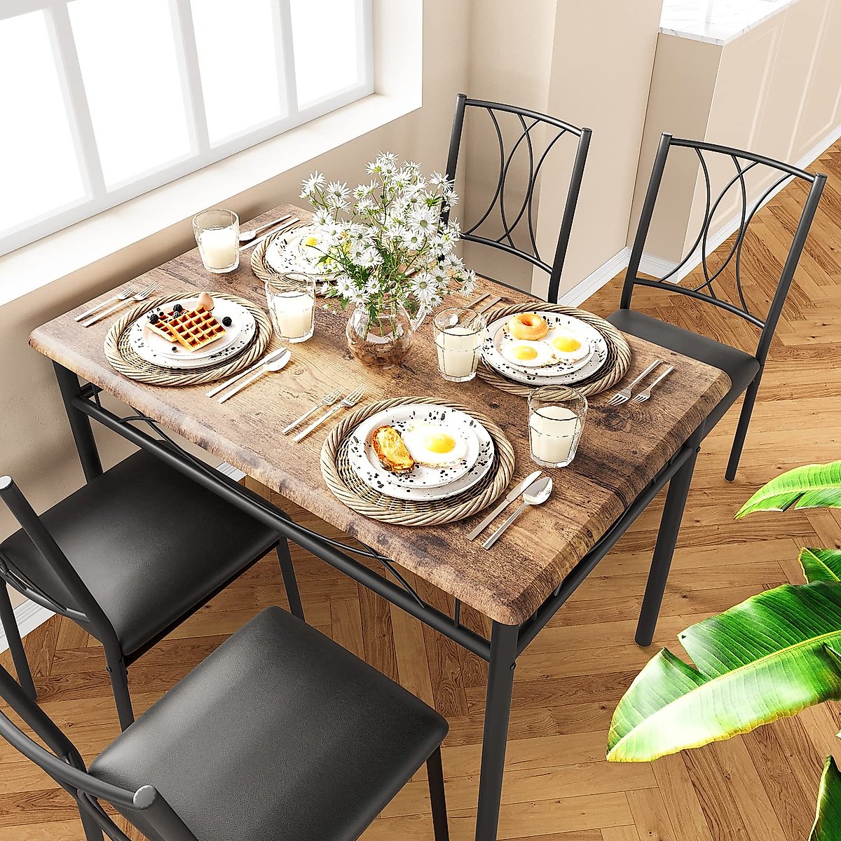 IDEALHOUSE Dining Table Set for 4, Kitchen Table and Chairs, Rectangular Dining Room Table Set with 4 Upholstered Chairs, 5 Piece Dining Table Set for Small Space, Apartment, Rustic Brown