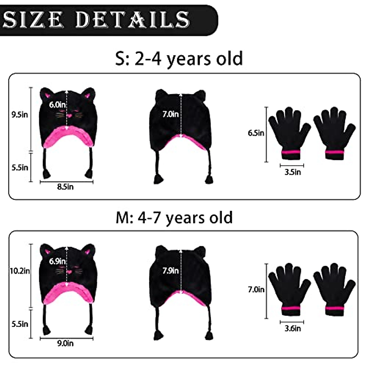 Toddler Cat Ear Winter Hat and Gloves for Girls, Fleece Lined Hat & Kids Mittens Set for Ages 4-7 Black