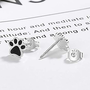 925 Sterling Silver Paw Earrings for Women - Cute Tiny Jewelry Black Enamel Puppy Dog and Cat Paw Print Stud Earrings for Pet Lovers