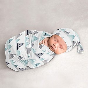 Sweet Jojo Designs Mountains Baby Boy or Girl Cocoon and Beanie Hat 2pc Set Jersey Stretch Knit Sleeping Bag for Infant Newborn Nursery Sleep Wrap Sack - Navy Blue, Aqua and Grey Watercolor Aztec