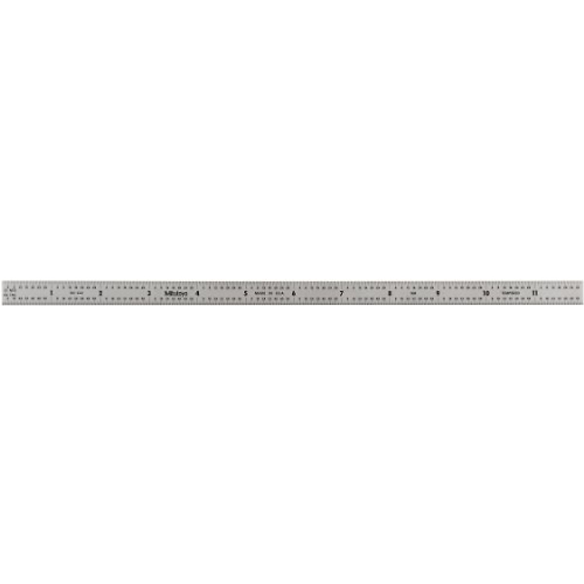 Mitutoyo 182-222, Steel Rule, 12" (16R), (1/32, 1/64, 1/50, 1/100"), 1/64" Thick X 1/2" Wide, Satin Chrome Finish Tempered Stainless Steel