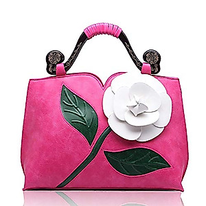 QUEENSHOW Classic Engraved Rose Soft PU Leather Flower Handbag Hobo Bag Tote Bag Shoulder Bags for Women rose red