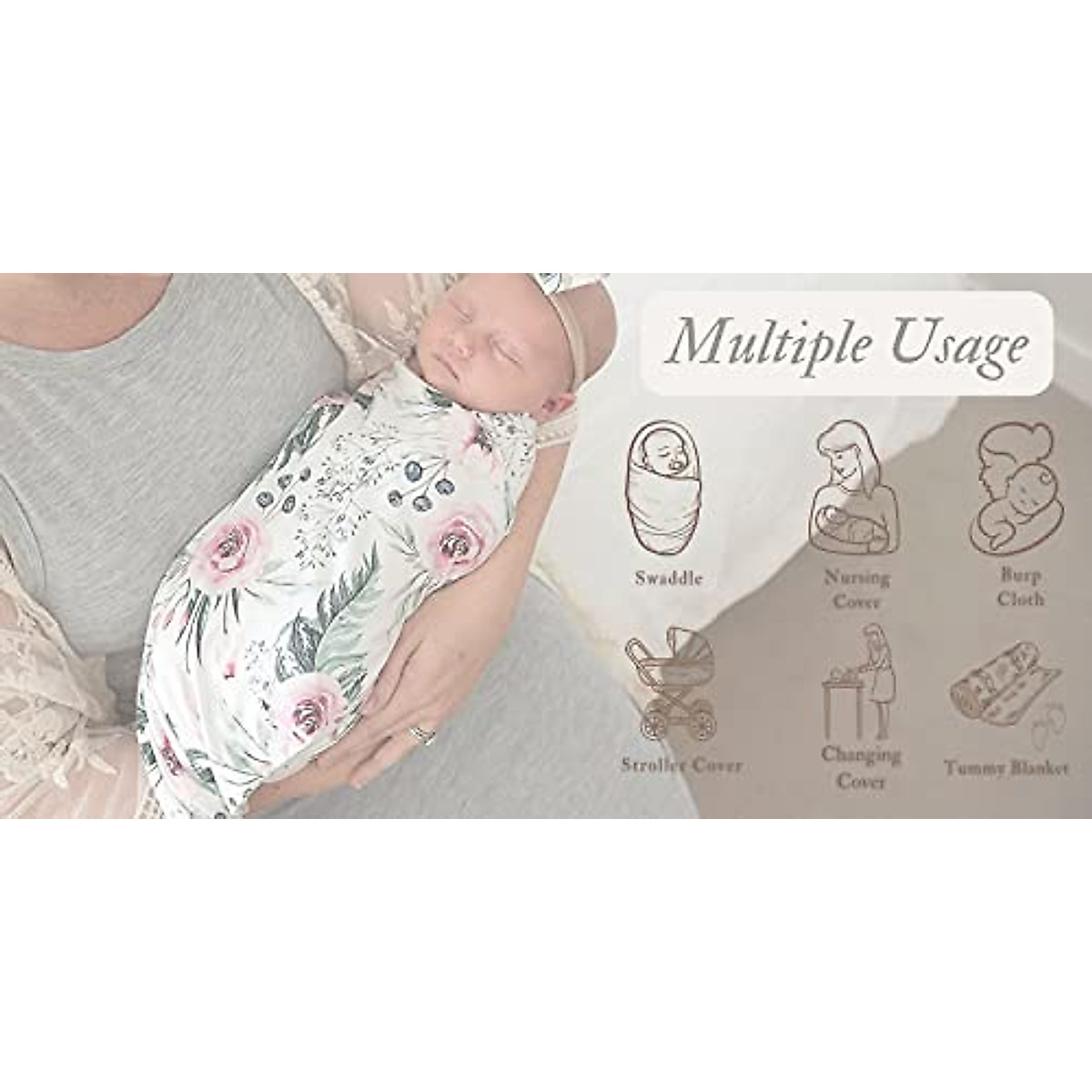 Terriboo Newborn Receiving Blanket and Headband Set Flower Print Baby Swaddle Wrap Floral (Pink)