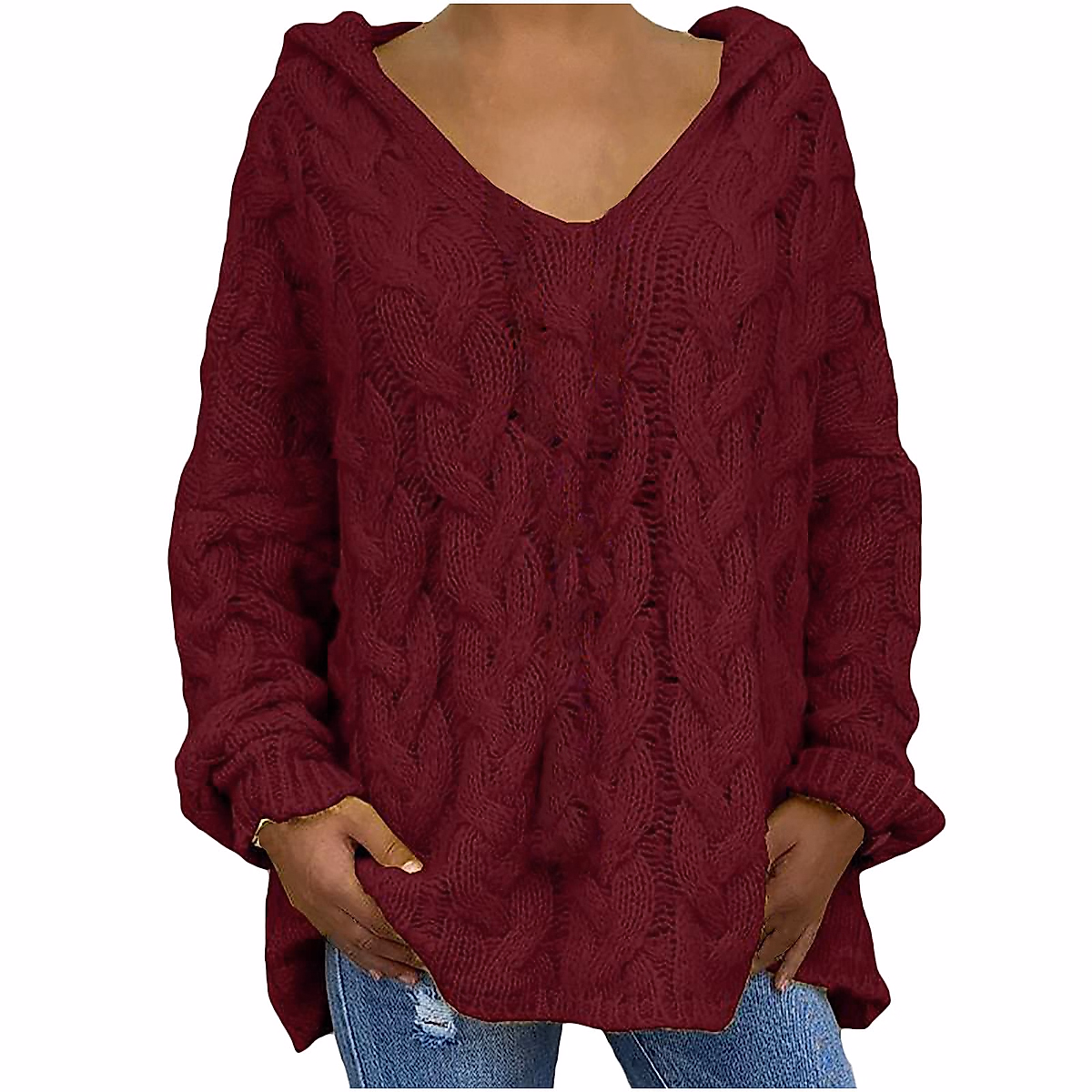 Oversized Sweater for Women, Plus Size Fashion Solid Cable Knit Sweater Hoodie Casual Crewneck Long Sleeve Shirt Top